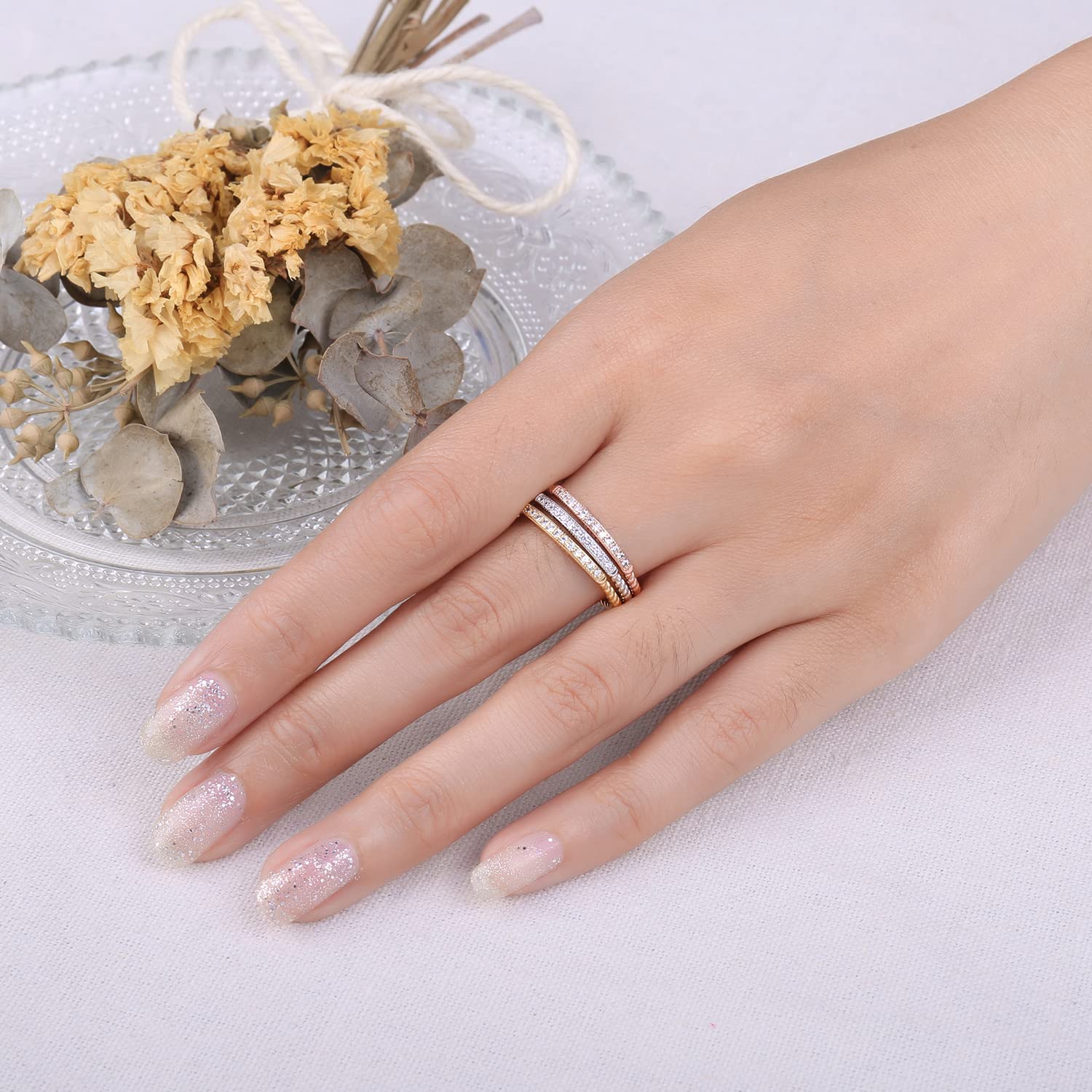 JewelryPalace 14K Yellow Rose Gold Plated 925 Sterling Silver Ring Sets, Twisted Rope Bar Cubic Zirconia Promise Rings for Her, 3pcs Simulated Diamond CZ Stackable Ring Eternity Bands for Women 10
