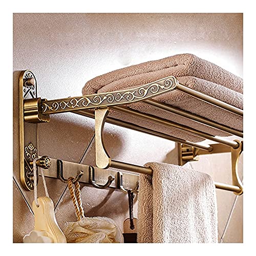 Mostwhip Bathroom Rack Towel Rail Rack Aluminum Foldable Antique Brass Bath Towel Rack, Bathroom Towel Holder, Double Towel Shelf with Hooks Bathroom Accessories for Kitchen Bathroom Decor, 50cm