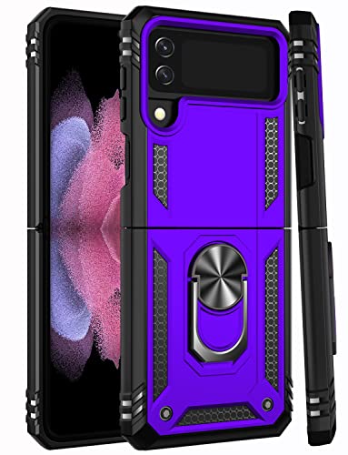 IKAZZ Galaxy Z Flip 3 Case,Samsung Z Flip 3 Cover Military Grade Shockproof Heavy Duty Protective Phone Case Pass 16ft Drop Test with Magnetic Kickstand Holder for Samsung Galaxy Z Flip 3 Purple