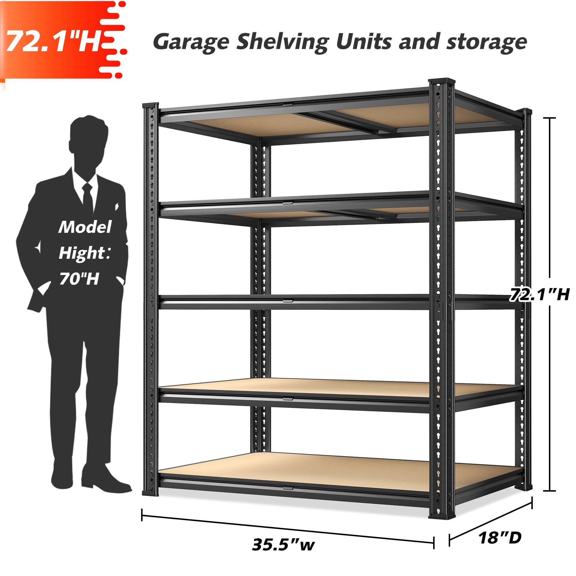 REIBII 72.1'' Storage Shelves 2250LBS Garage Shelving Heavy Duty 5 Tier 72.1" Hx35.5 Wx18 D Adjustable Metal Storage Utility Rack Shelf Unit for Warehouser Basement Pantry Closet Kitchen,Black
