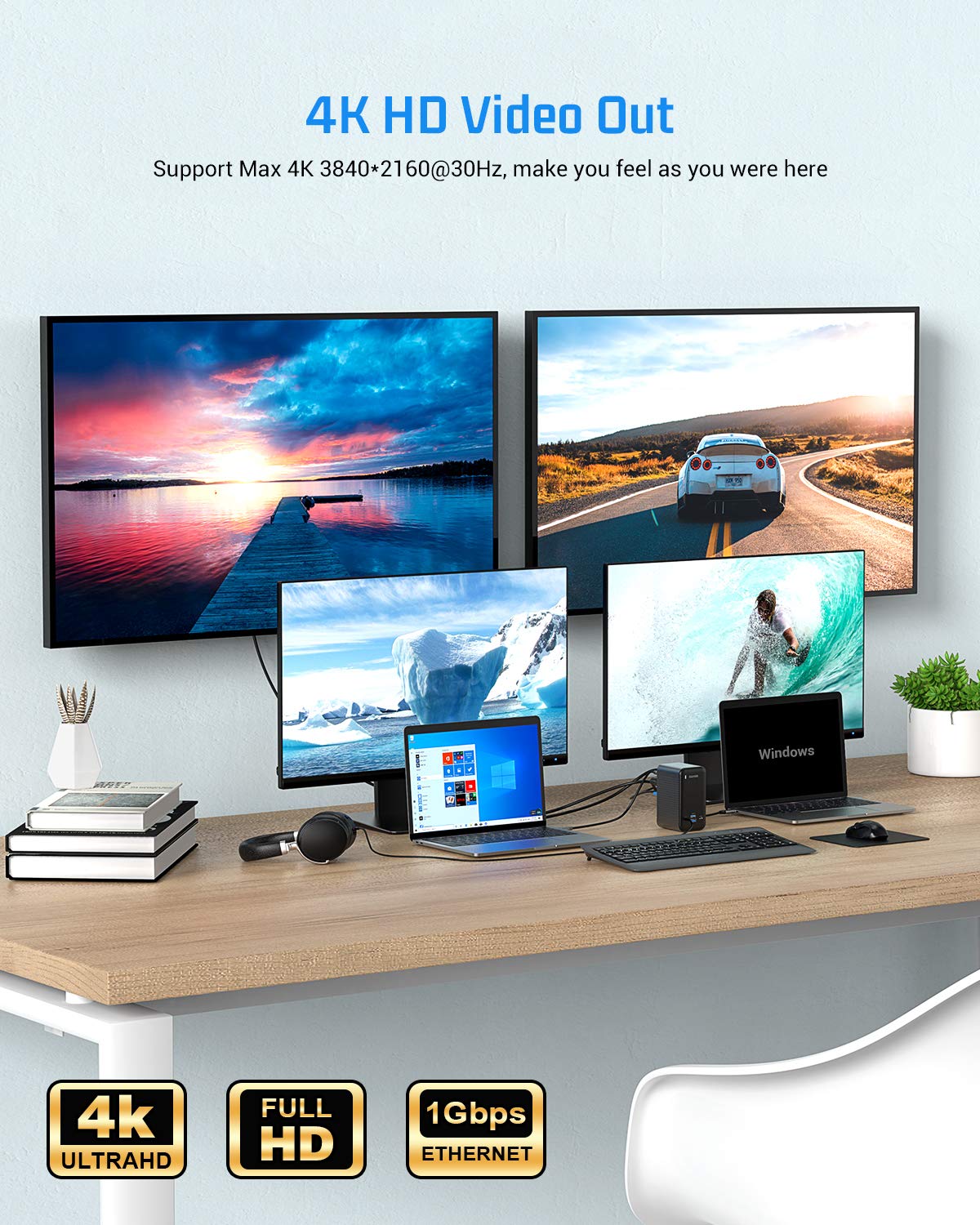EUASOO Docking Station USB-C 4K Quadruple Display Universal Laptop Docking Station for MacBook and Windows (3 HDMI, VGA, Gigabit Ethernet, USB-C 3.0, 87W PD and 4 USB Ports), Triple Display for macOS
