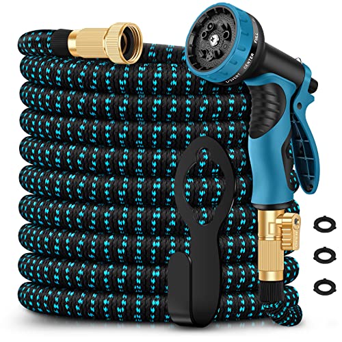 Garden Hose 50ft with 10 Function Spray Nozzle, Leakproof Water Hose Design with Solid Brass Connectors, Easy Storage and Usage(Black and Blue)