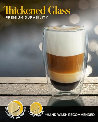 Kitchables Double Walled Glass Coffee Mugs Set of 2, 15oz Insulated Glass Coffee Mugs for Cappuccino, Latte, Tea, Espresso - Latte Cup - Tazas Para Cafe