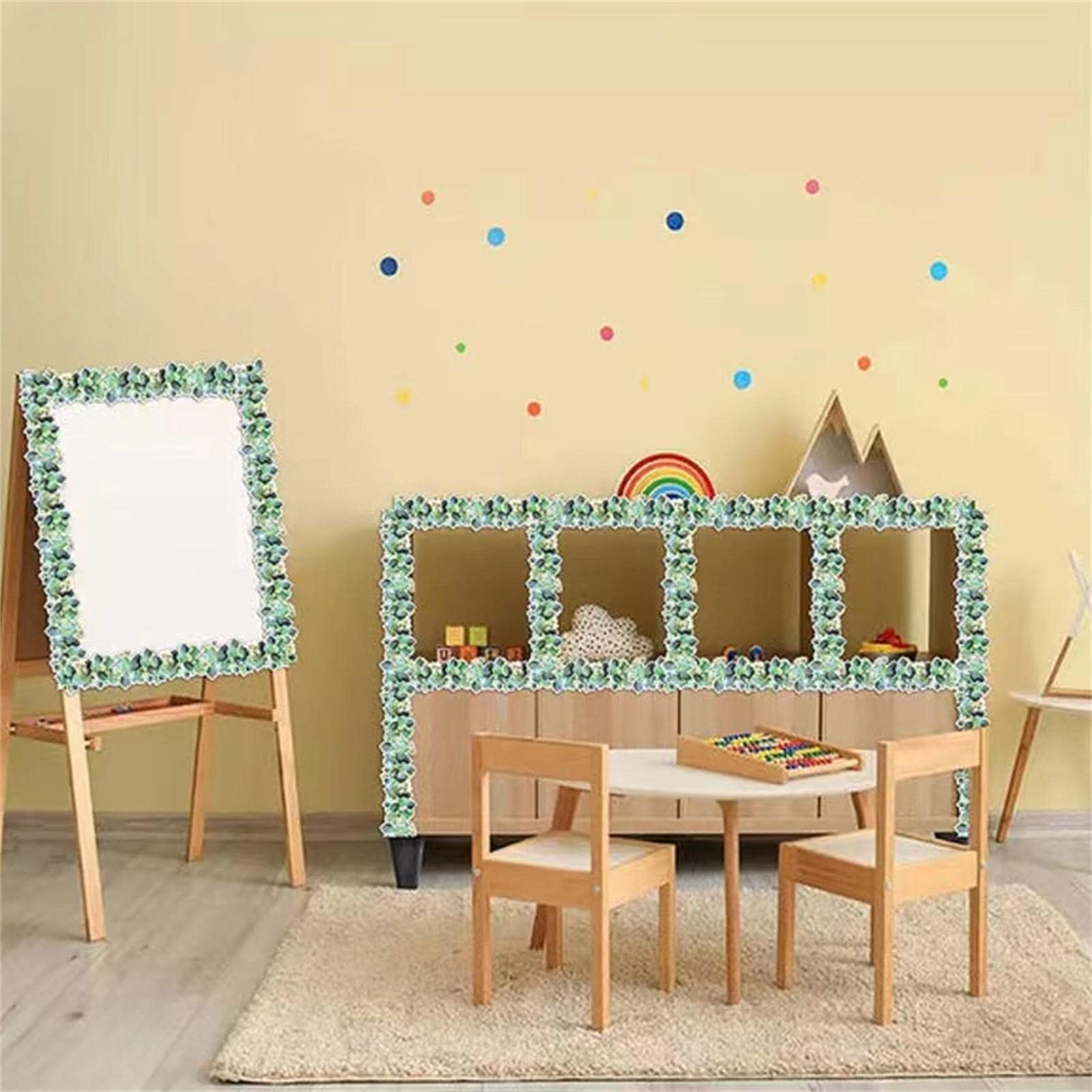 Eucalyptus Leaf Flower, Eucalyptus Green Scalloped Rolled Border Trim, 49.21ft Eucalyptus Border Bulletin Board, Announcement Border Sticker Blackboard, Decorate Bulletin Boards Walls Desks Windows