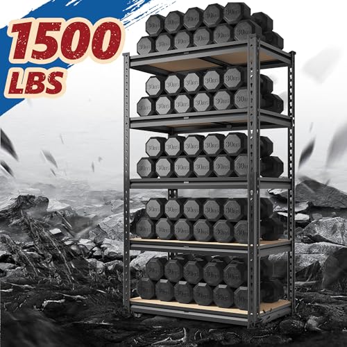 REIBII Storage Shelves 5-Tier Garage Shelving Heavy Duty 1500LBS Metal Shelving Unit Adjustable Laminated Utility Rack for Kitchen Warehouse Basement Boltless Assembly Black 28" W x 12" D x 60" H