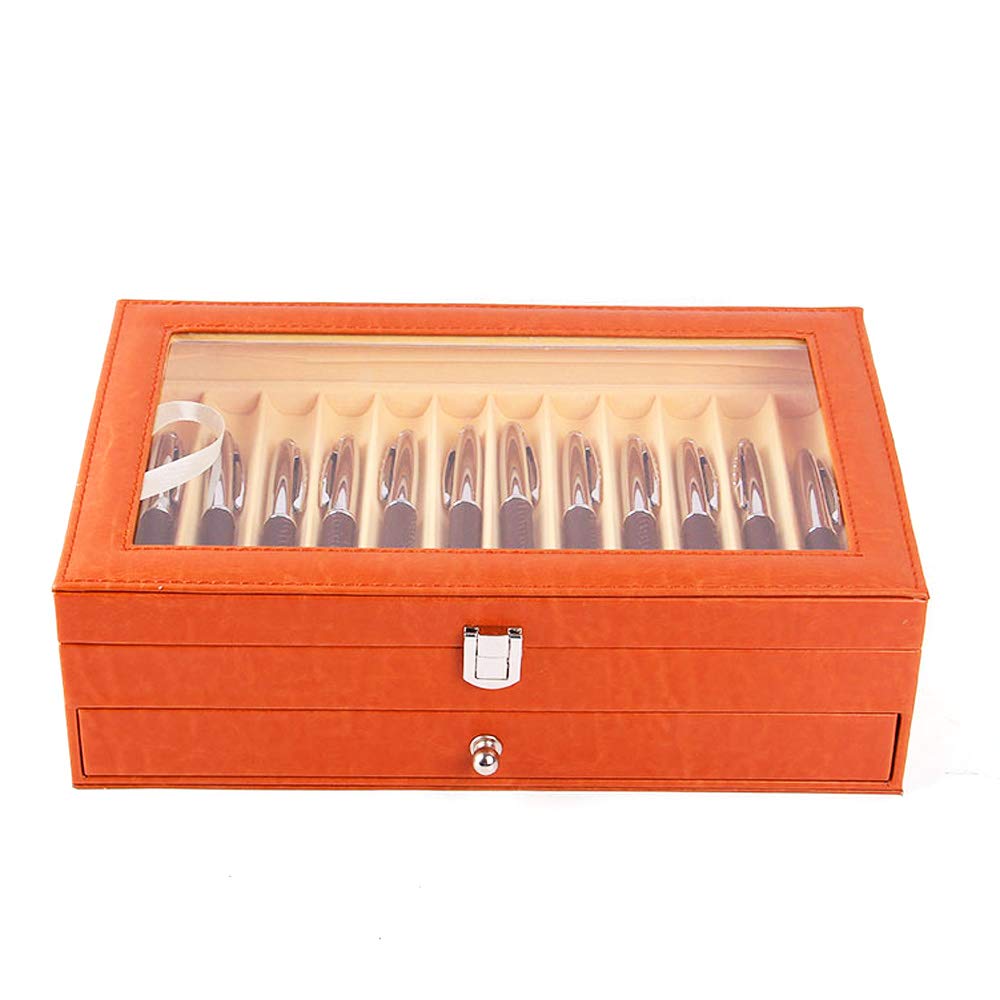Pen Display Box 24 Piece Black Leather Flannel Pen Organizer Box,Glass Pen Display Case Storage Box with Lid,Top Glass Window Two Level Display Case with Drawer Pen Collection Display Case (Orange)