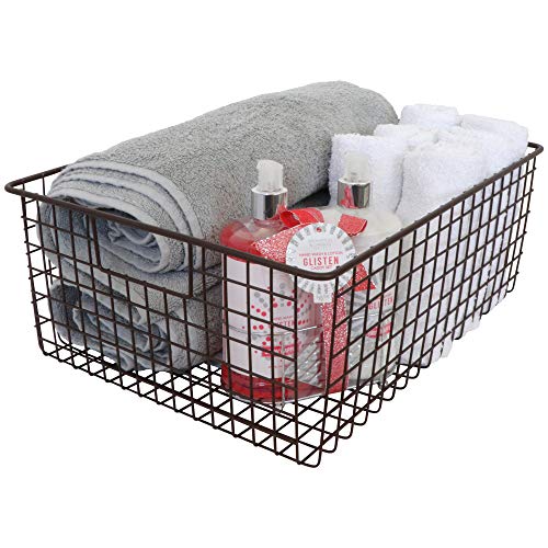 Kitchen Basics 101 Large Farmhouse Metal Wire Storage Basket Bins with Handles 16" x 12" x 6" Closets, Shelves, Cabinets, Bathrooms (Bronze, 2)