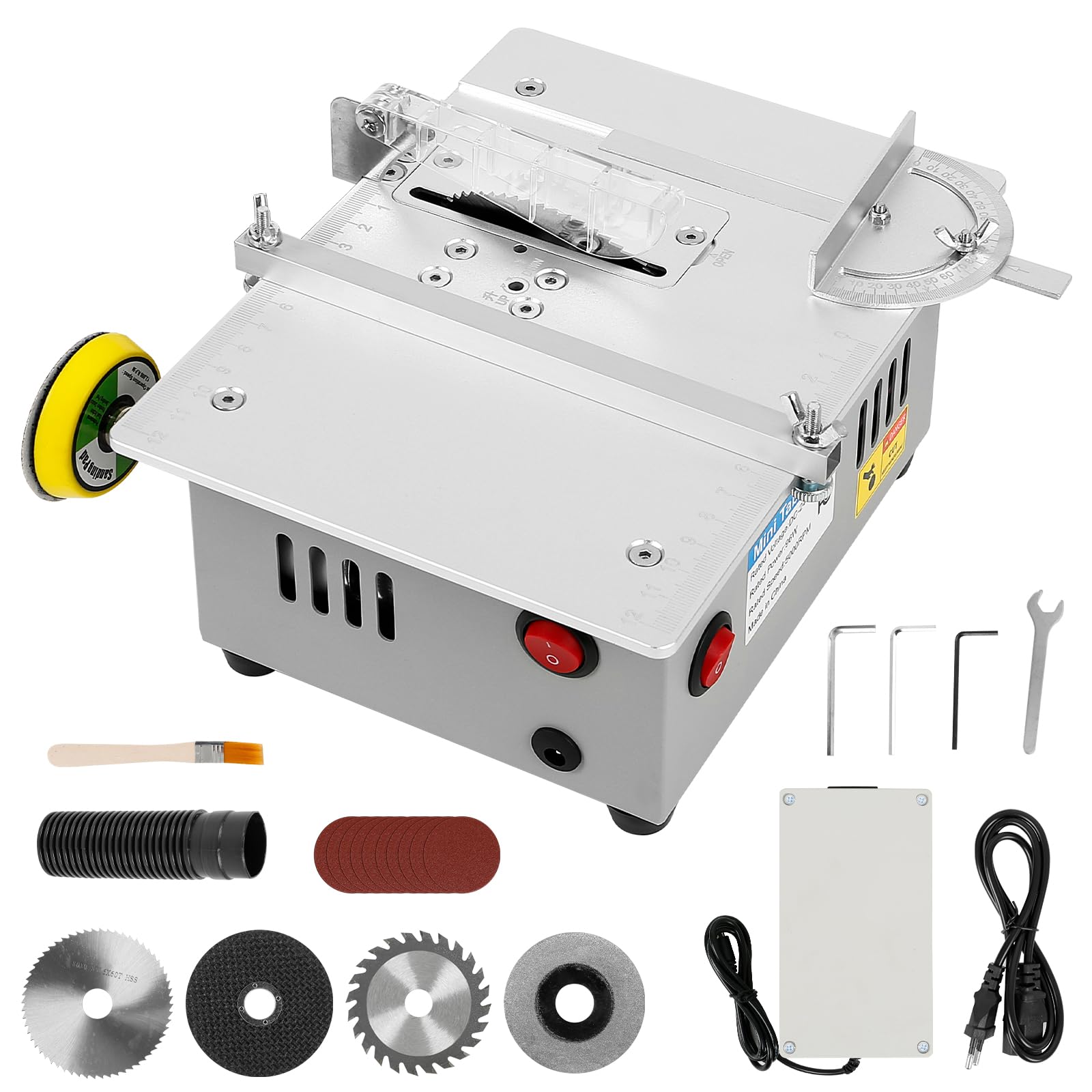 Mini Table Saw with Belt Grinder, 240W 7-Speed Power Supply Adjustable Table Saw Portable Precision Table Saw with 4-Blades and Safety Flap, 0.1-20mm Saw Blade Height Adjustable, Aluminum