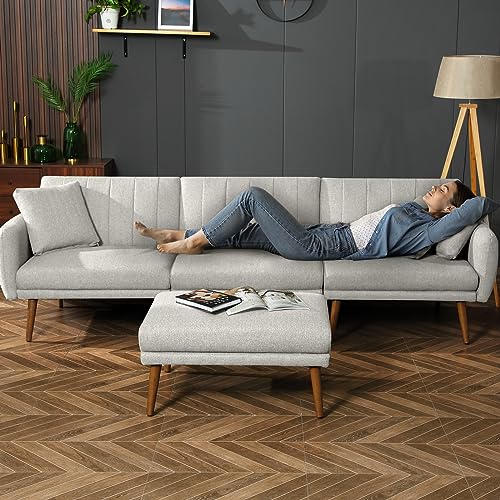 NOBLEMOOD Sectional Sofa Bed, Convertible L-Shaped Couch, Modern 3 Seat Linen Fabric Couch Sofa with Ottoman 3 Pillows Adjustable Backrest for Apartment Living Room (Linen Off Whie)