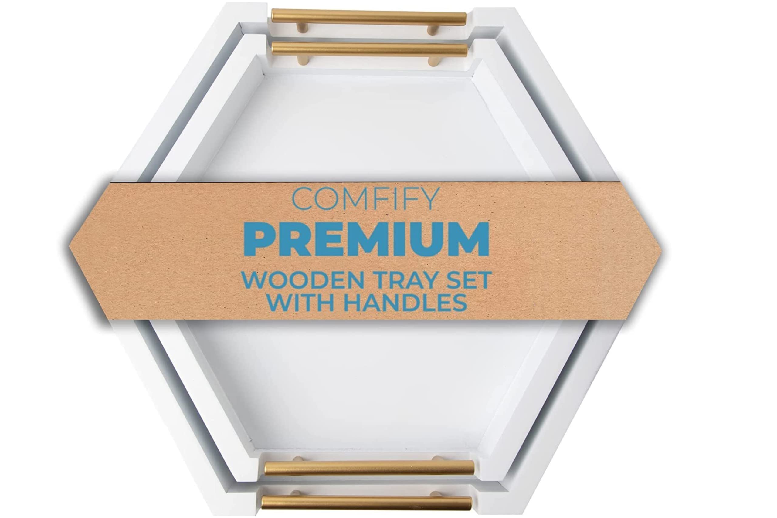 Honeycomb Serving Trays with Golden Handles – Set of 2 Wooden Hexagon Nesting Trays – Large, and Small Trays Set for Food, Ottoman Décor & More – Modern Trays for Breakfast - White