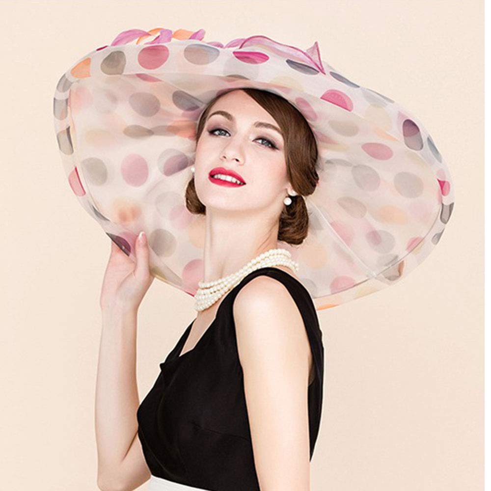 F FADVES 100% Organza Sun Tea Party Hats Large Wide Brim Flower Fedoras Polka Dot Wedding Hat Solid Black