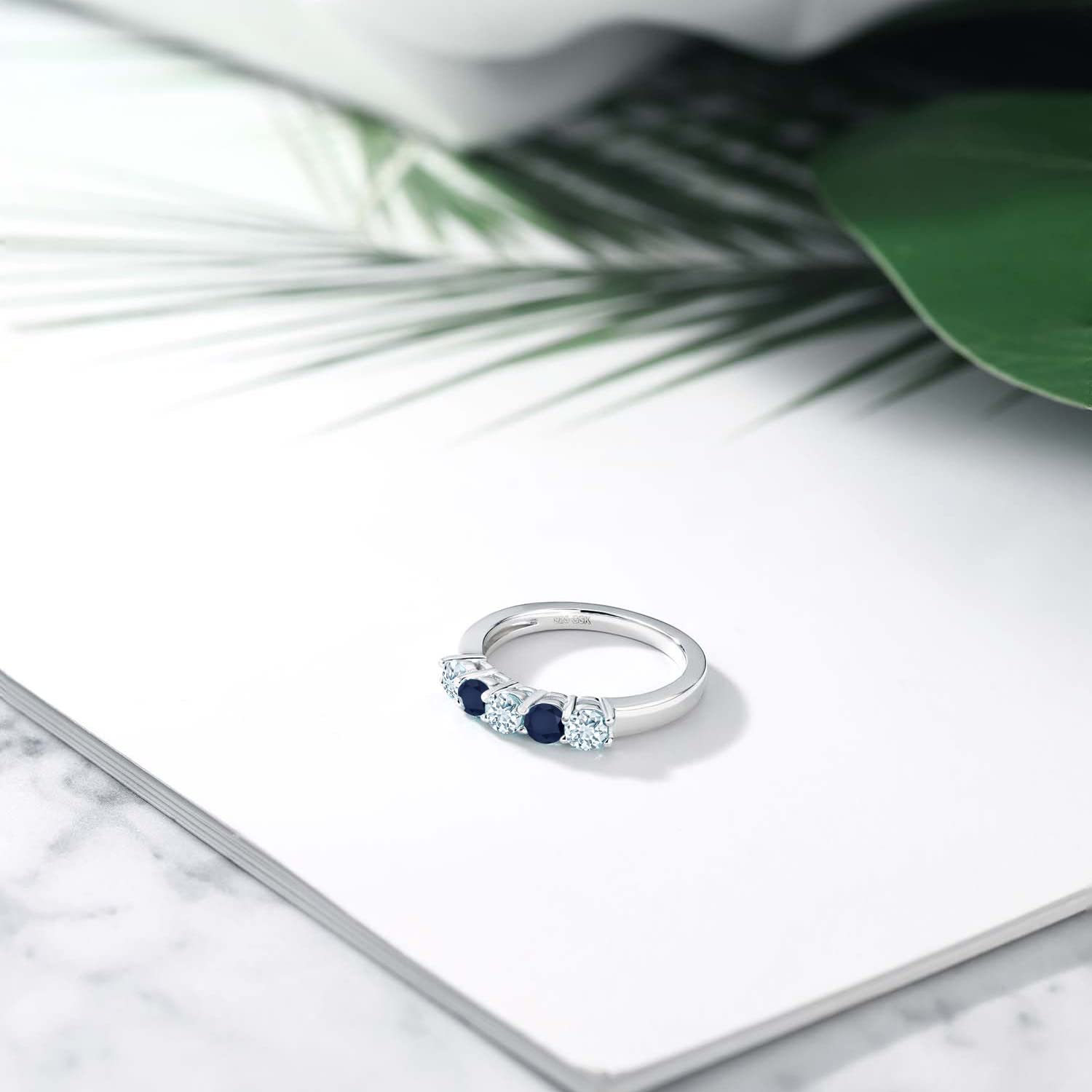 Gem Stone King 925 Sterling Silver Sky Blue Aquamarine & Blue Sapphire Wedding Band Ring For Women (1.01 Cttw, Round 3.5MM, Gemstone Birthstone, Available In Size 5-9)