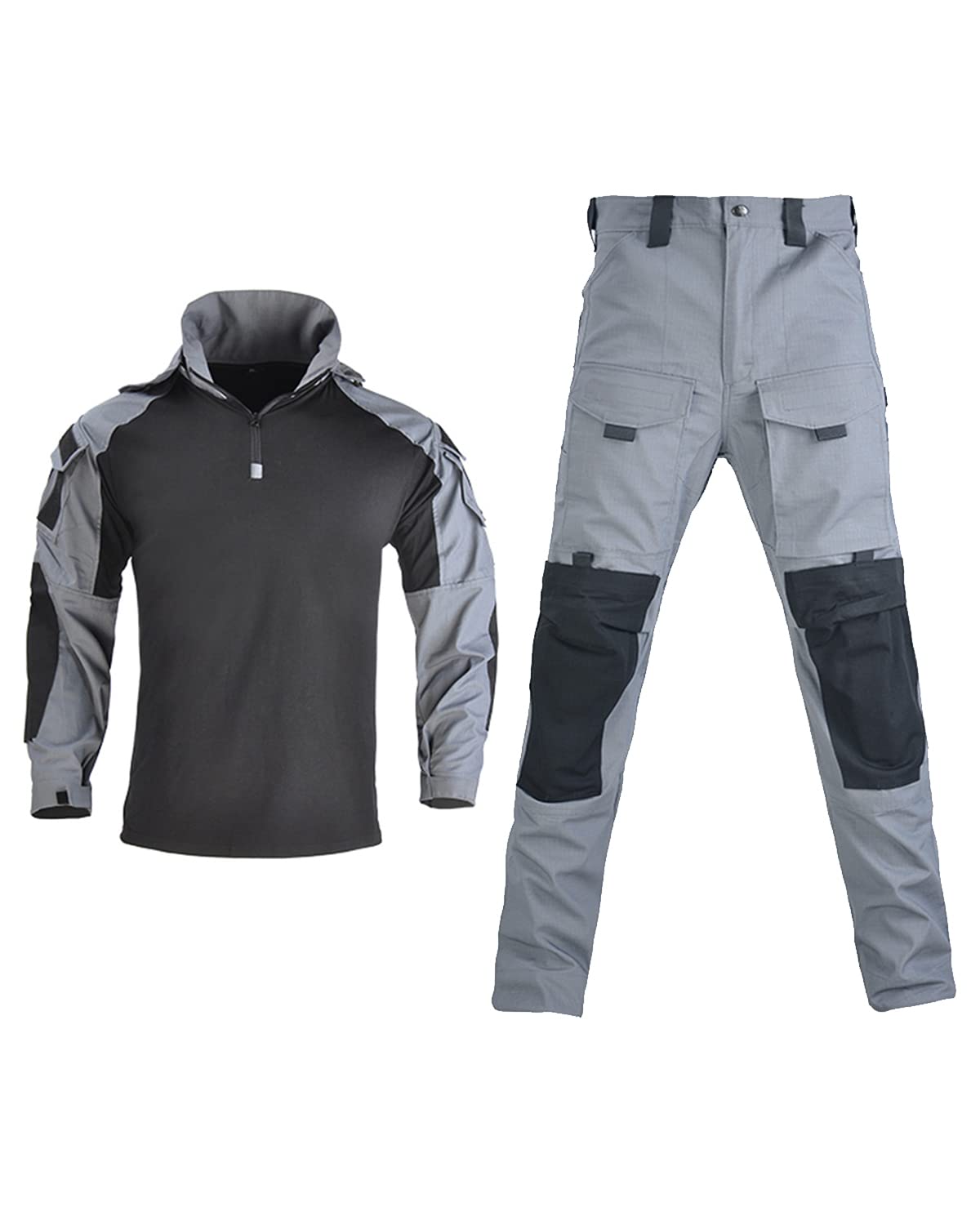 HAN·WILD Men's Tactical Suit Combat Pants and Shirts with Hood Military Uniform Airsoft Clothing with Knee Pads(GRAY)