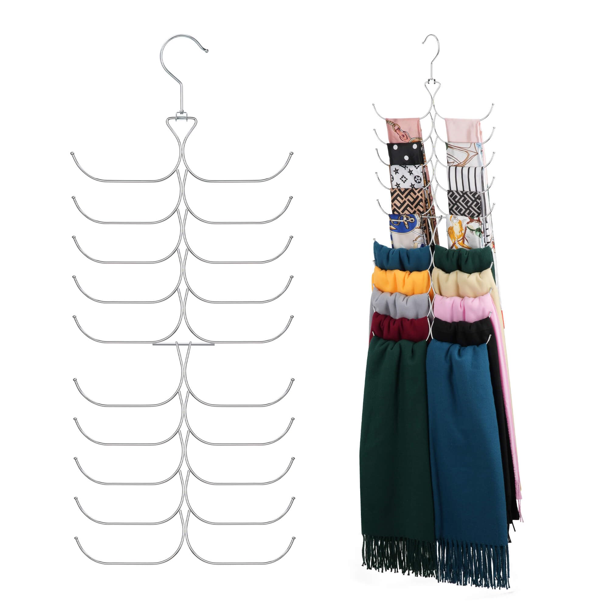OMHOMETY Upgraded Scarf Hanger for Closet, 40 Large Capacity Scarf Organizer, Space Saving Scarf Holder Hijab Rack, Silver 2 Pack