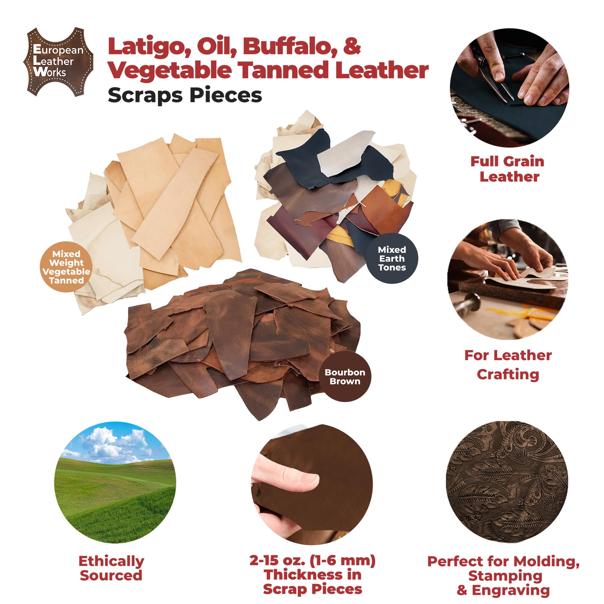 ELW 6-10 oz (2.4-4mm) Thickness, 2 LB Vegetable Tanned Leather Scraps, Heavyweight, Cowhide Remnants Full Grain Leather for Tooling, Holsters, Knife Sheath, Carving, Embossing, Stamping