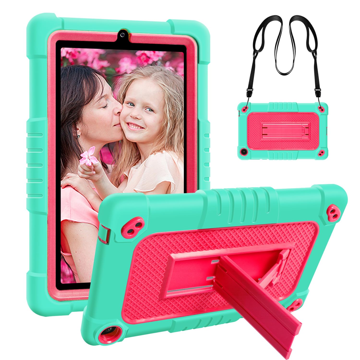 FIEWESEY Case for Walmart ONN 7 Inch Gen 3 2022 Tablet(Model:100071481),Shockproof Kids Friendly Rugged Case with Shoulder Strap & Stand Cover for Walmart Onn 7 Inch 3nd Gen 2022 Tablet (Green/Pink)