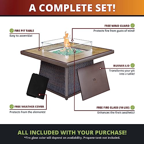 Kinger Home Elio Rattan 42-Inch Outdoor Patio Propane Gas Fire Pit Table with Tile Tabletop, CSA Certified 50,000 BTU Firepit, Brown Aluminum Frame