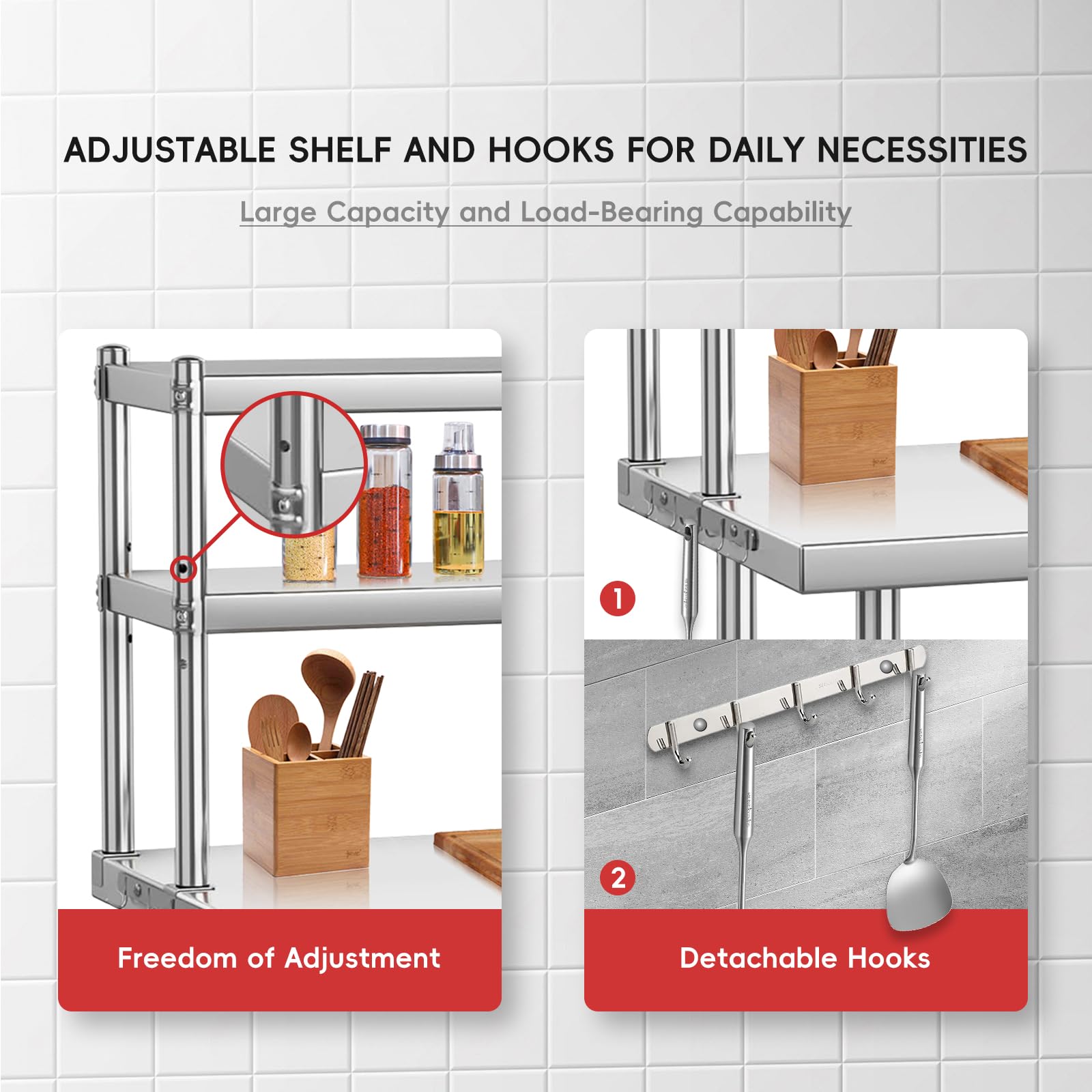MOVECOM Stainless Steel Table with Overshelves, 48" X 24" Commercial Work Table with 48" X 12" Shelf, Metal Kitchen Prep Table & Shelving Combo