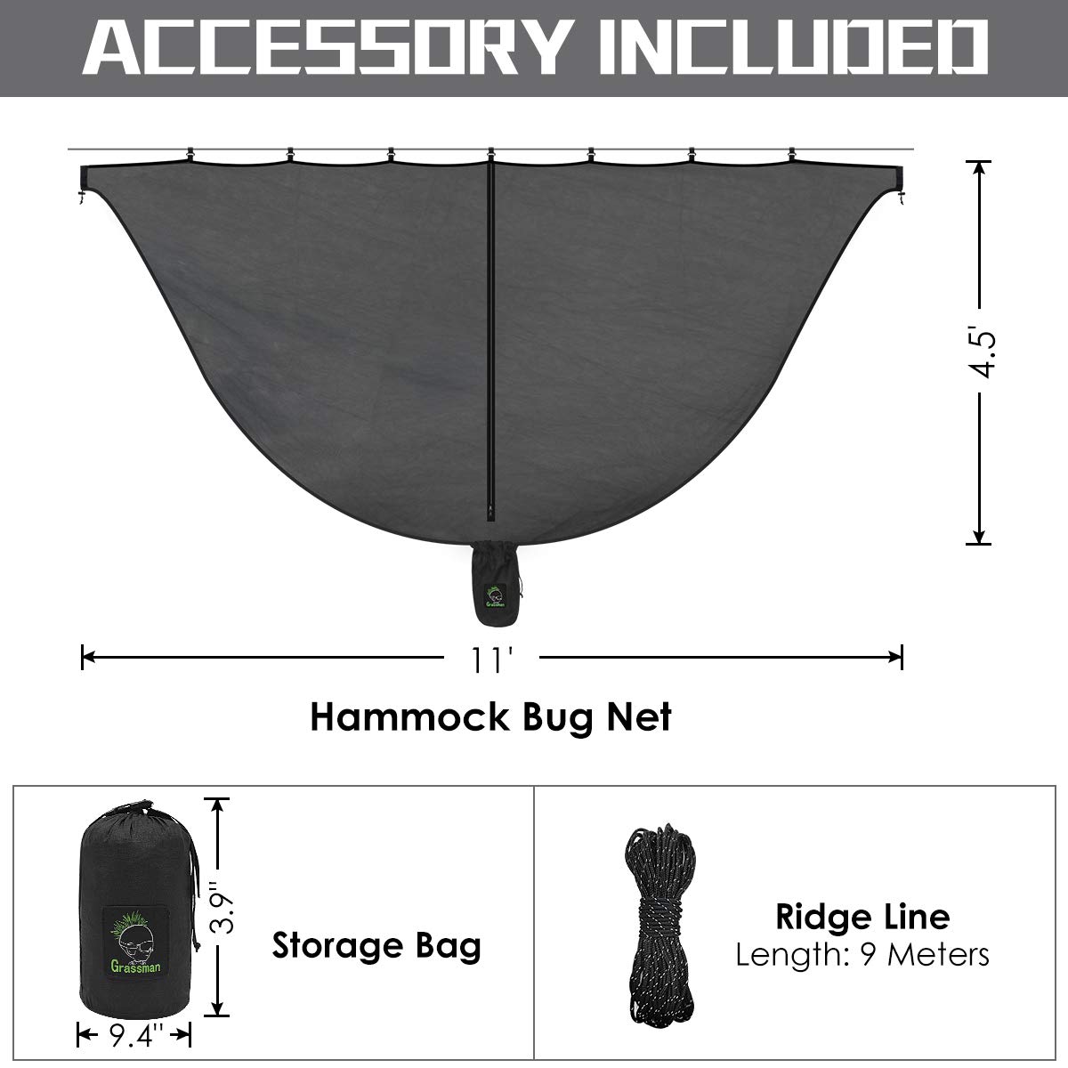 Grassman Hammock Bug Net, 11‘ x 4.5’ Large Superfine Mesh Hammock Mosquito Net, Fits for All Single/Double Hammocks, Lightweight Bug Net for 360° Guardian Away from Insects