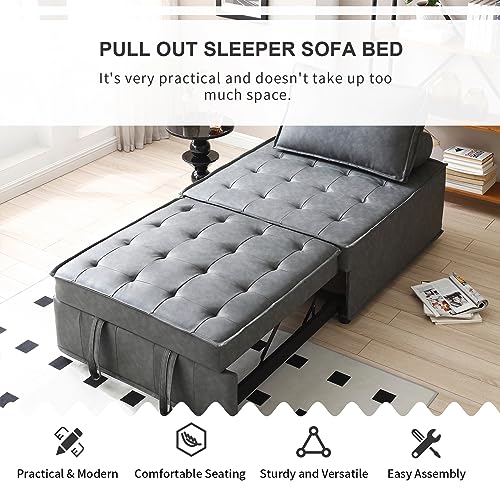 NIOIIKIT Convertible Pull Out Sleeper Sofa Bed, Modern PU Leather 2-in-1 Single Lazy Sofa, Ottoman with Backrest and Pillow for Living Room, Bedroom, Office, Lounge (Dark Grey PU)