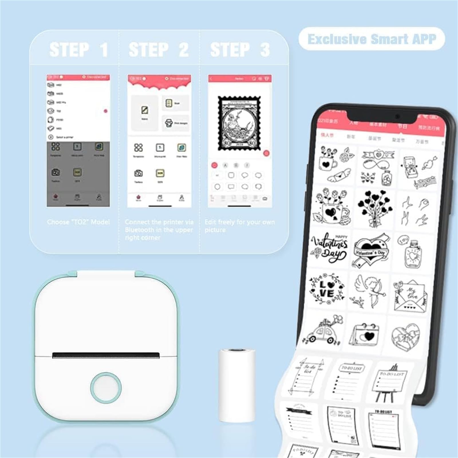 Peocryy Thermarote Mini Printer, Mini Pocket Printer, Bluetooth Mini Mobile Thermal Printer, Portable Bluetooth Inkless Printer Machine, Inkless Sticker Printer for Study, DIY Scrapbook
