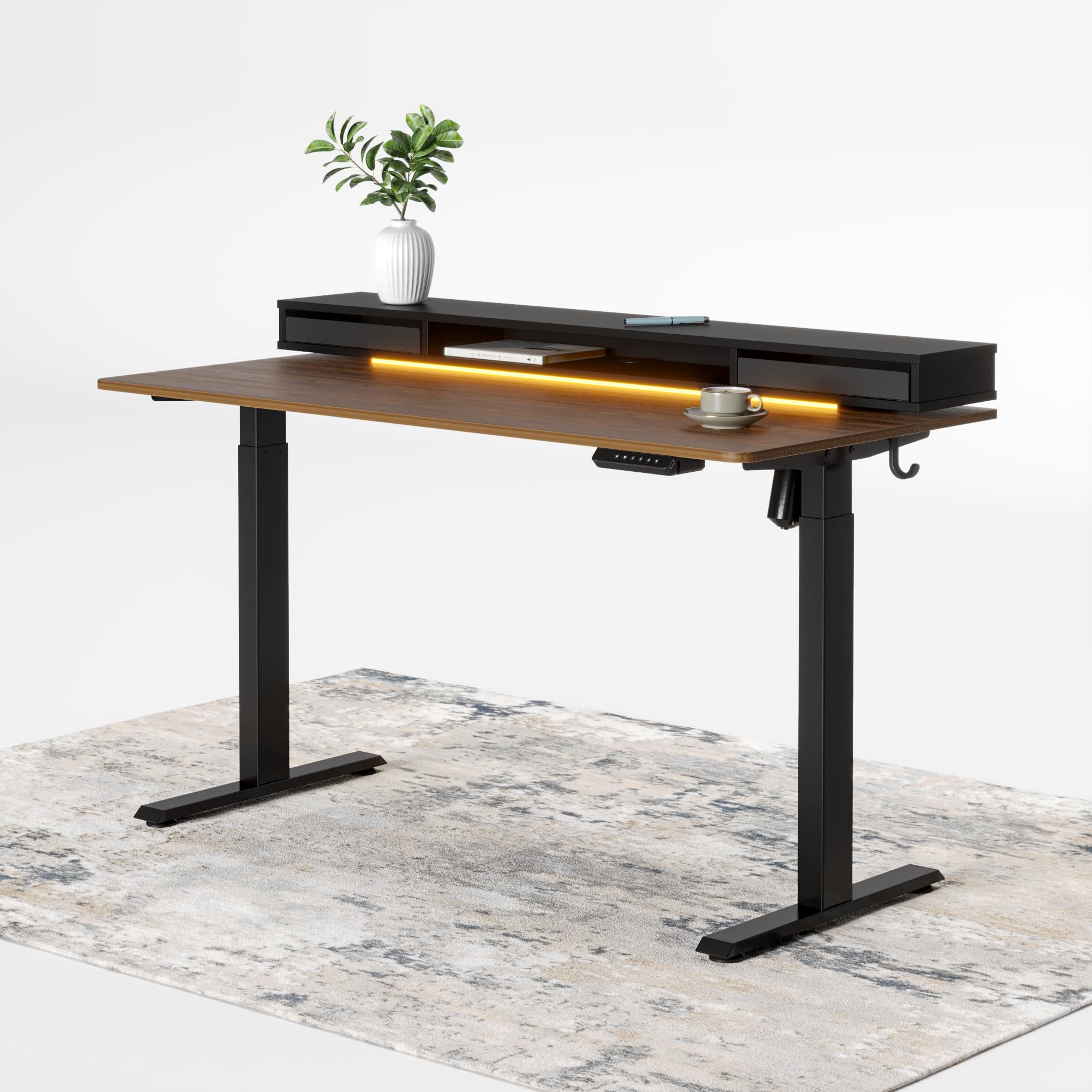 FEZIBO Height Adjustable Electric Standing Desk with Keyboard Tray, 55 x 24 Inch Stand Up Table with Storage Shelf, Sit Stand Desk, Rustic Top