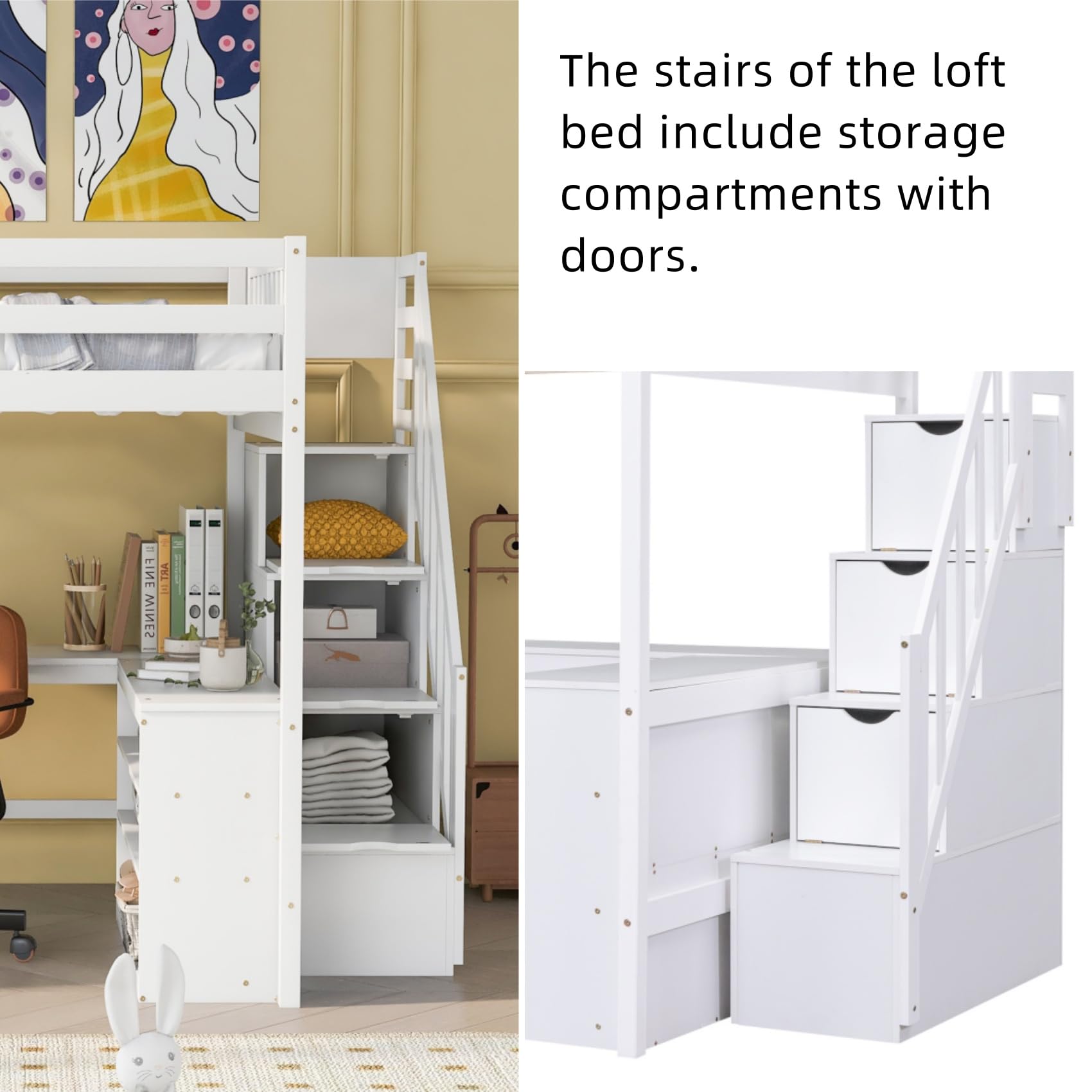 Merax Wood Full Size Loft Bed Frame with Built-in L Shaped Desk & 3 Storage Shelves & Attached Storage Stairs for Kids, No Box Spring Needed, White