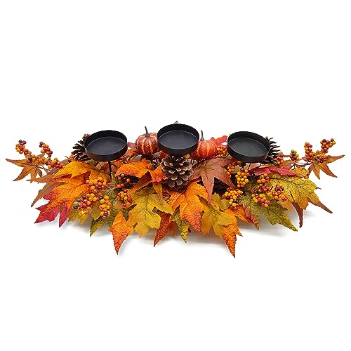 Thanksgiving Centerpiece Fall Table Decorations, Artificial Gourd, Pumpkins, Pine Cones, Maple Leaves and Berries Harvest Table Candle Holder for Dinning Table, Fireplace Mantel (Candle Not Included)