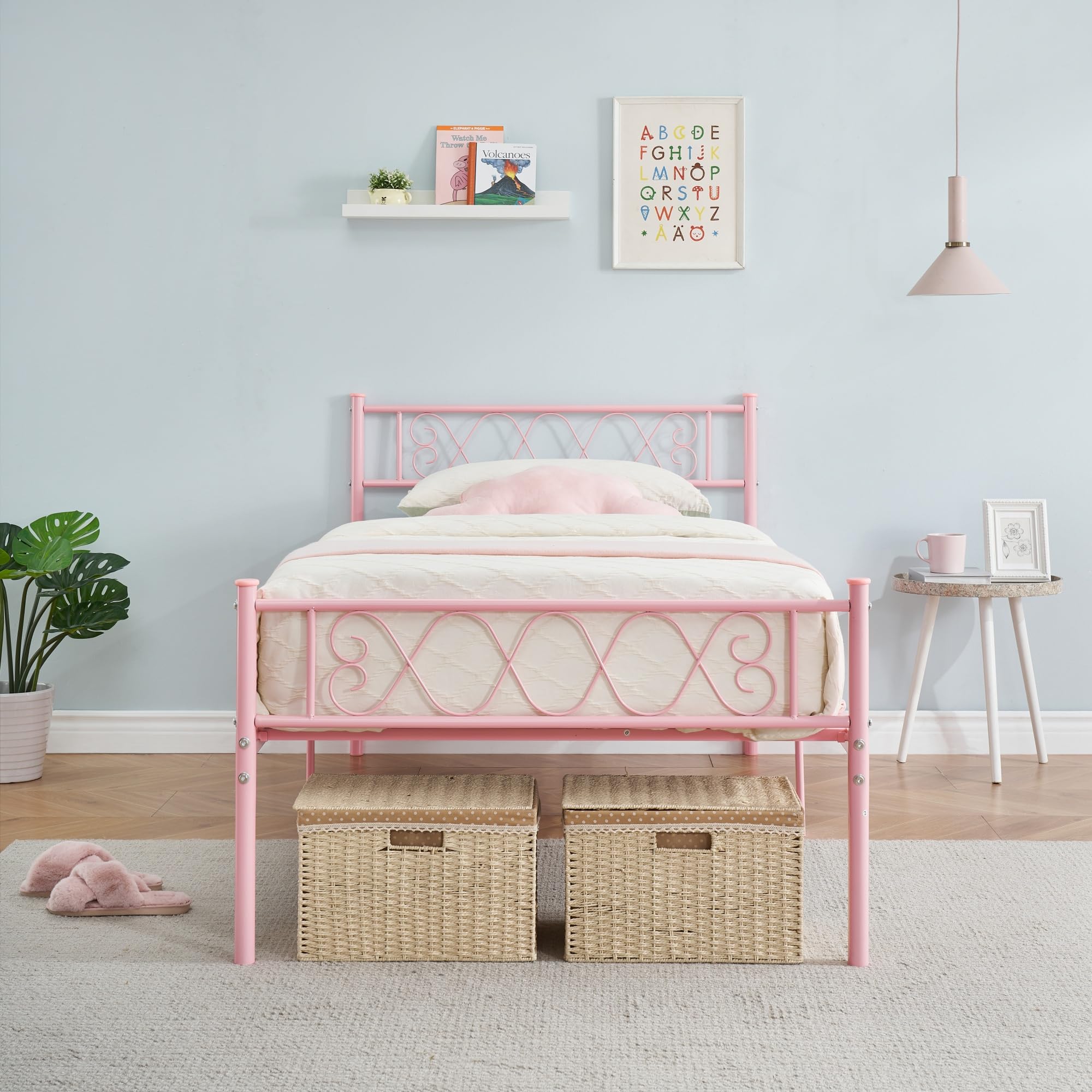 IDEALHOUSE Pink Metal Twin Bed Frame with Headboard and Footboard for Girls and Boys, Twin Size Platform Bed Frame with Iron-Art Sweet Heart, No Box Spring Needed, Easy Assembly