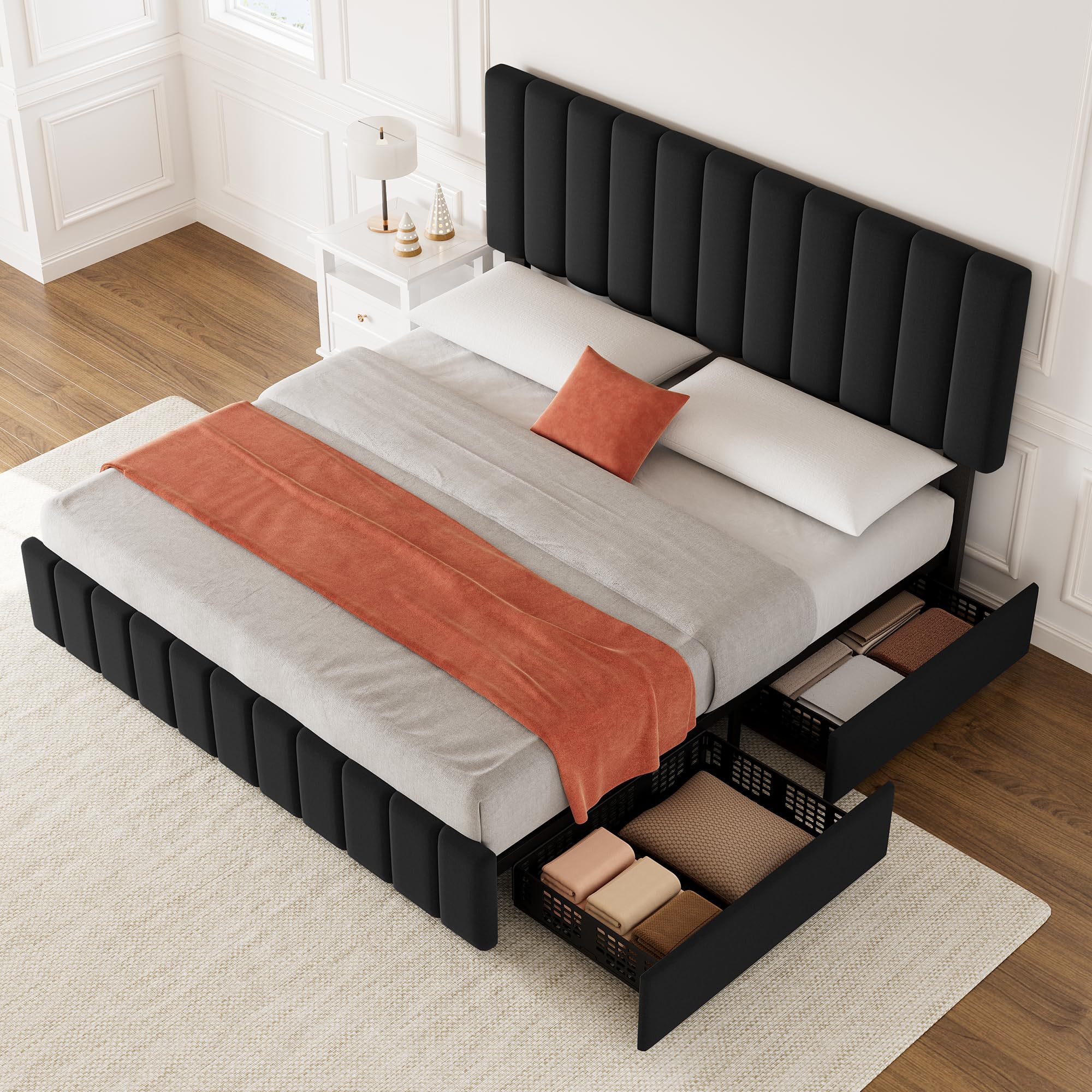 IDEALHOUSE Queen Size Bed Frame with 4 Storage Drawers and Adjustable Headboard, PU Leather Upholstered Platform Bed Frame with Wooden Slats Support, No Box Spring Needed, White