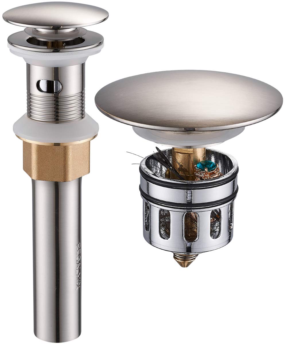 Vessel Sink Drain,Bathroom Pop-up Drain with Detachable Basket Stopper, Anti-Explosion and Anti-Clogging Drain Strainer, Sink Drain Assembly with Overflow Brushed Nickel, REGALMIX RWF083J