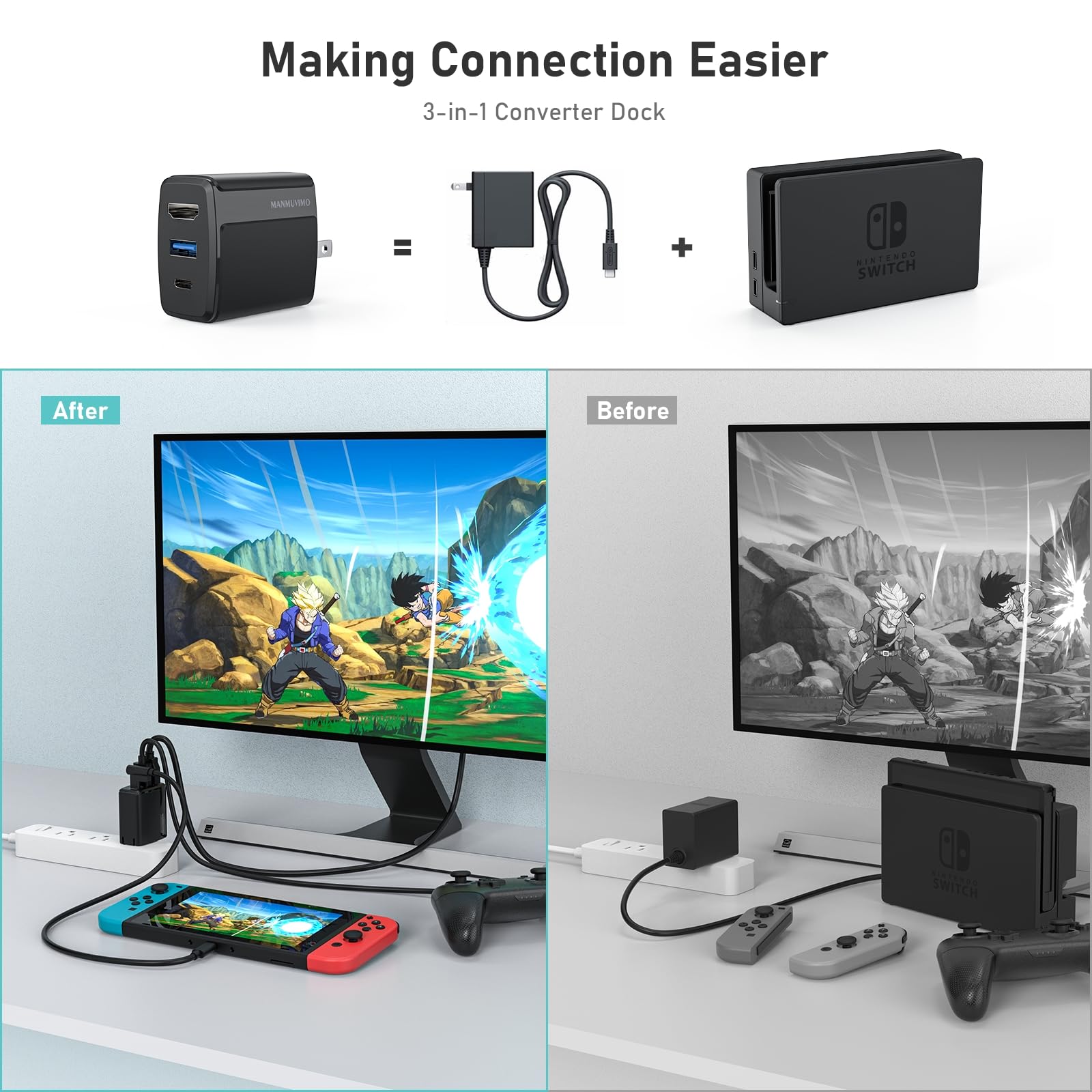 MANMUVIMO Switch Dock Charger HDMI Adapter for Nintendo Switch/OLED, Switch Docking Station Replacement for Original Dock Set, Portable 30W High-Speed with USB 3.0 Port, USB-C to USB-C Cable(Black)
