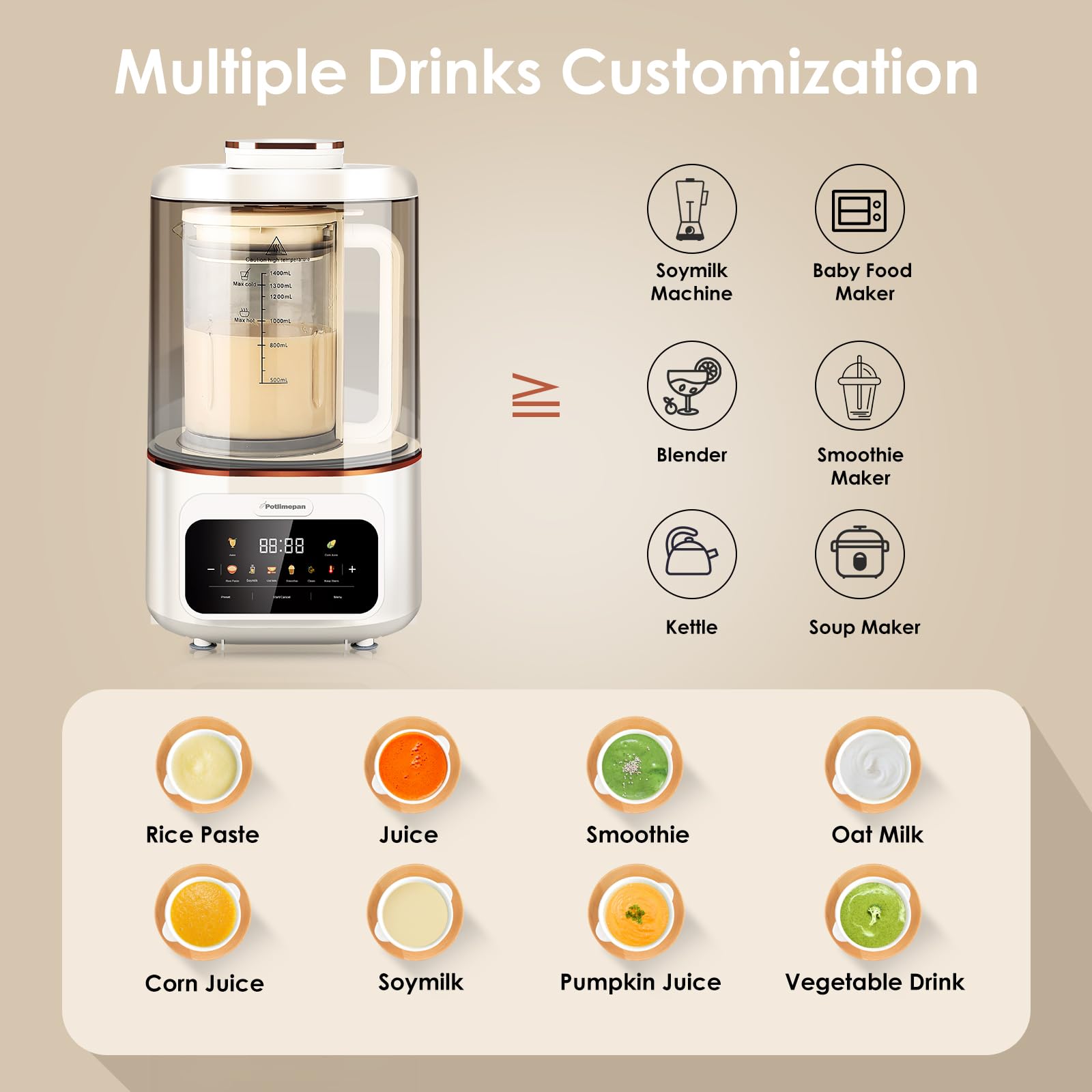 Potlimepan 8in1 Quite Cooking Blender, 1.4L 600W Countertop Blender with Silent Shield, Hot&Cold Kitchen Blender 8 Programs with 24H Preset, Self-Cleaning, for Smoothie Soy Milk Oat Milk and Juice