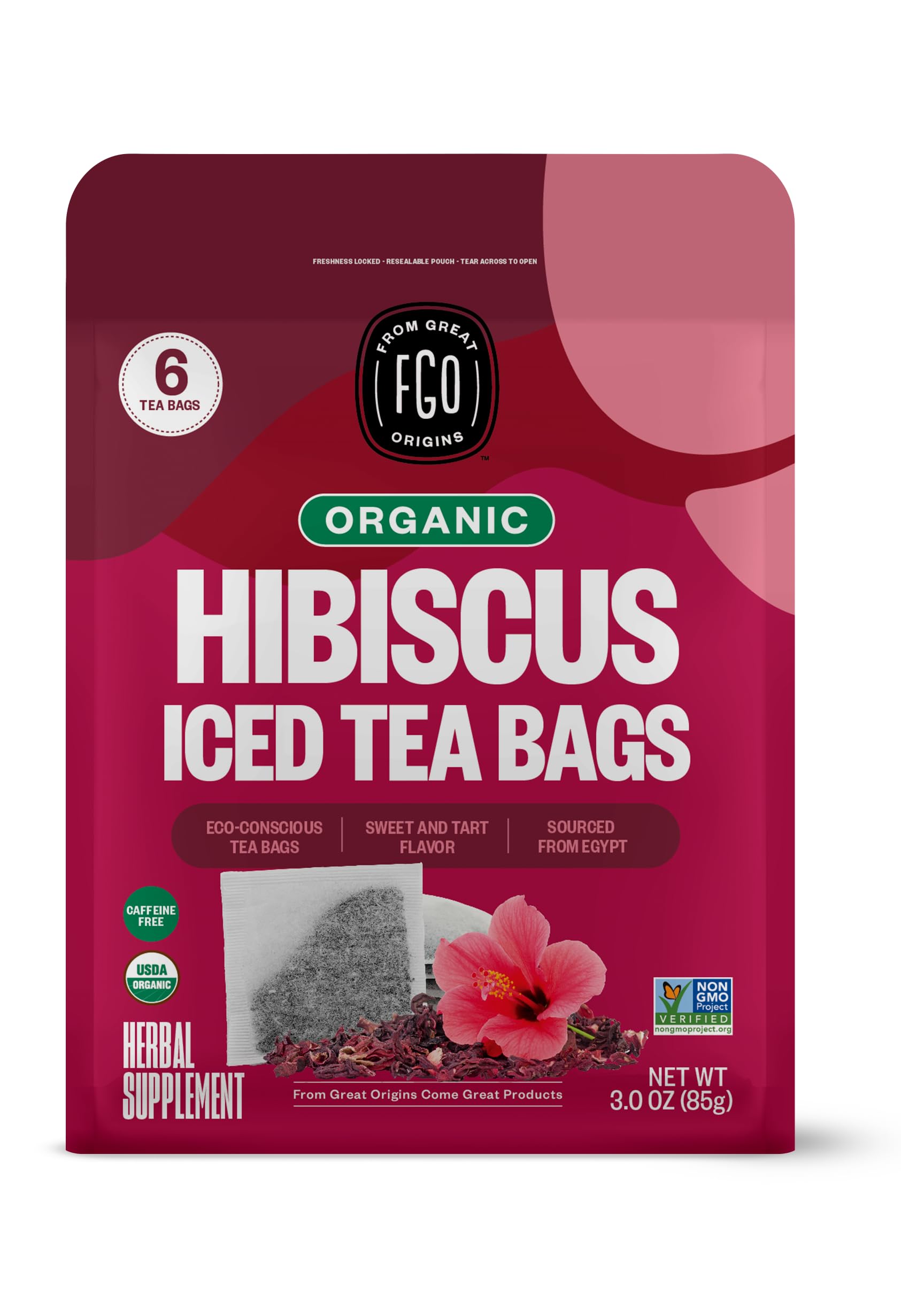 FGO Organic Hibiscus Iced Tea, Eco-Conscious Tea Bags, 6 Pitcher Bags, Packaging May Vary (Pack of 1)