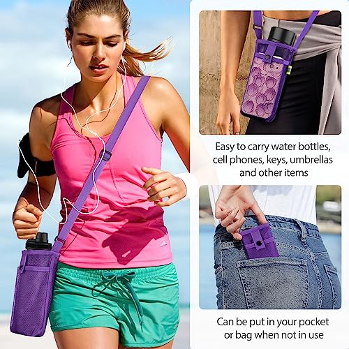 Water Bottle Bag with Strap, Mesh Water Bottle Holder Crossbody Bottle Sling Bag Adjustable Shoulder Strap and Pocket - Lightweight Water Bottle Carrier for Walking Sports Hiking Camping (Purple)