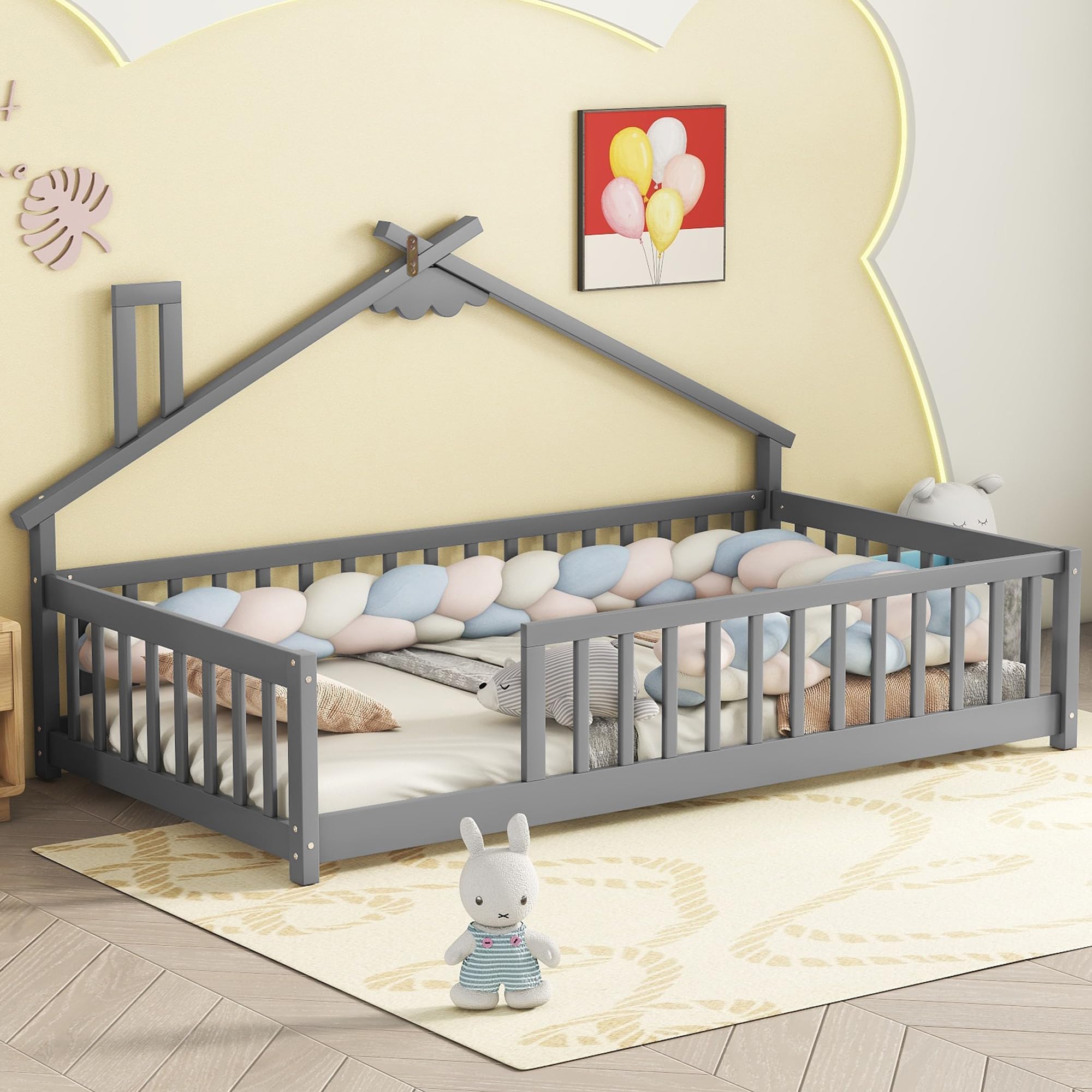 LostCat Twin Size Floor Bed with House-Shaped Bedside Design, Montessori Bed with Guardrails for Kids Boys Girls, Wood Slat Support, No Box Spring Needed, Grey
