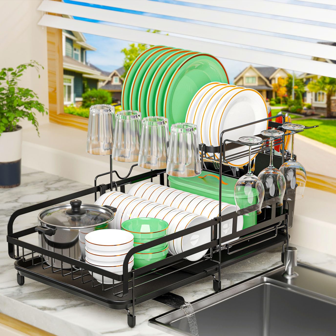 Expandable Dish Drying Rack, 2 Tier Dish Racks for Kitchen Counter Extra Large Capacity Kitchen Dish Drying Rack with Drainboard, Utensil Holder and Swivel Spout Rustproof Dish Dryer Rack, Black