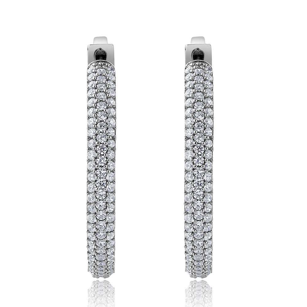 Gem Stone King 925 Sterling Silver 3 Row Pave Inside-Out Cubic Zirconia CZ Hoop Earrings For Women (2.00 Cttw, 1.5 Inch = 35X35MM)