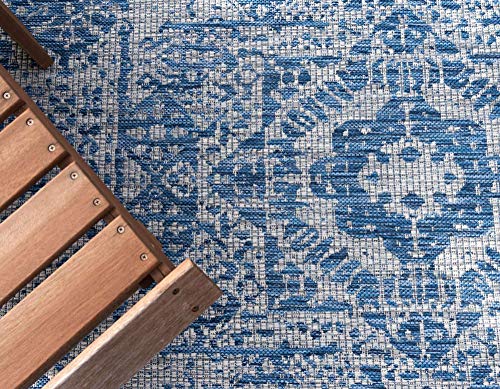 Unique Loom Outdoor Traditional Collection Area Rug - Timeworn (5' 3" Round, Blue/ Gray)