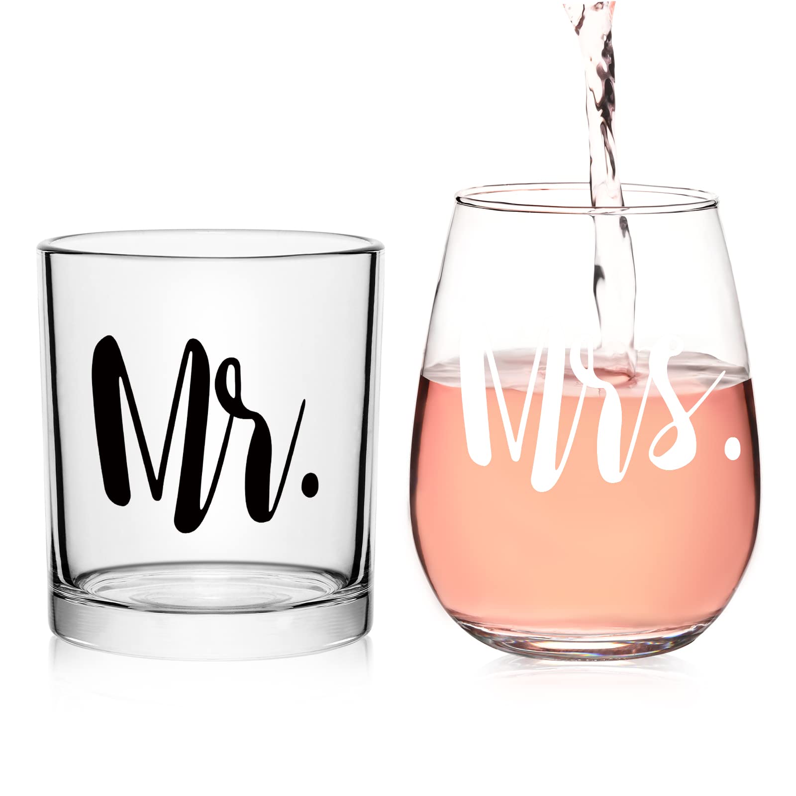 Futtumy Mr & Mrs Whiskey Glass and Stemless Wine Glass Gift Set, Valentineâs Day Gift for Mr Mrs Couple Husband Wife Bride Groom, Unique Glass Set Idea for Valentineâs Day Birthday Christmas Wedding