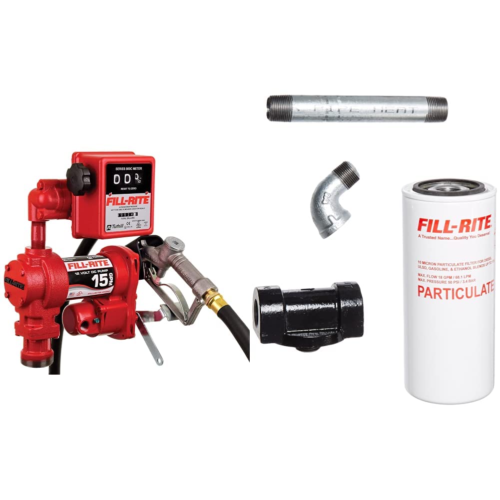Fill-Rite FR1211H 12V 15 GPM Fuel Transfer Pump w/Standard Mechanical Meter Package (Gallons) & 1200KTF7018 18 GPM 10 Micron Particulate Filter Kit