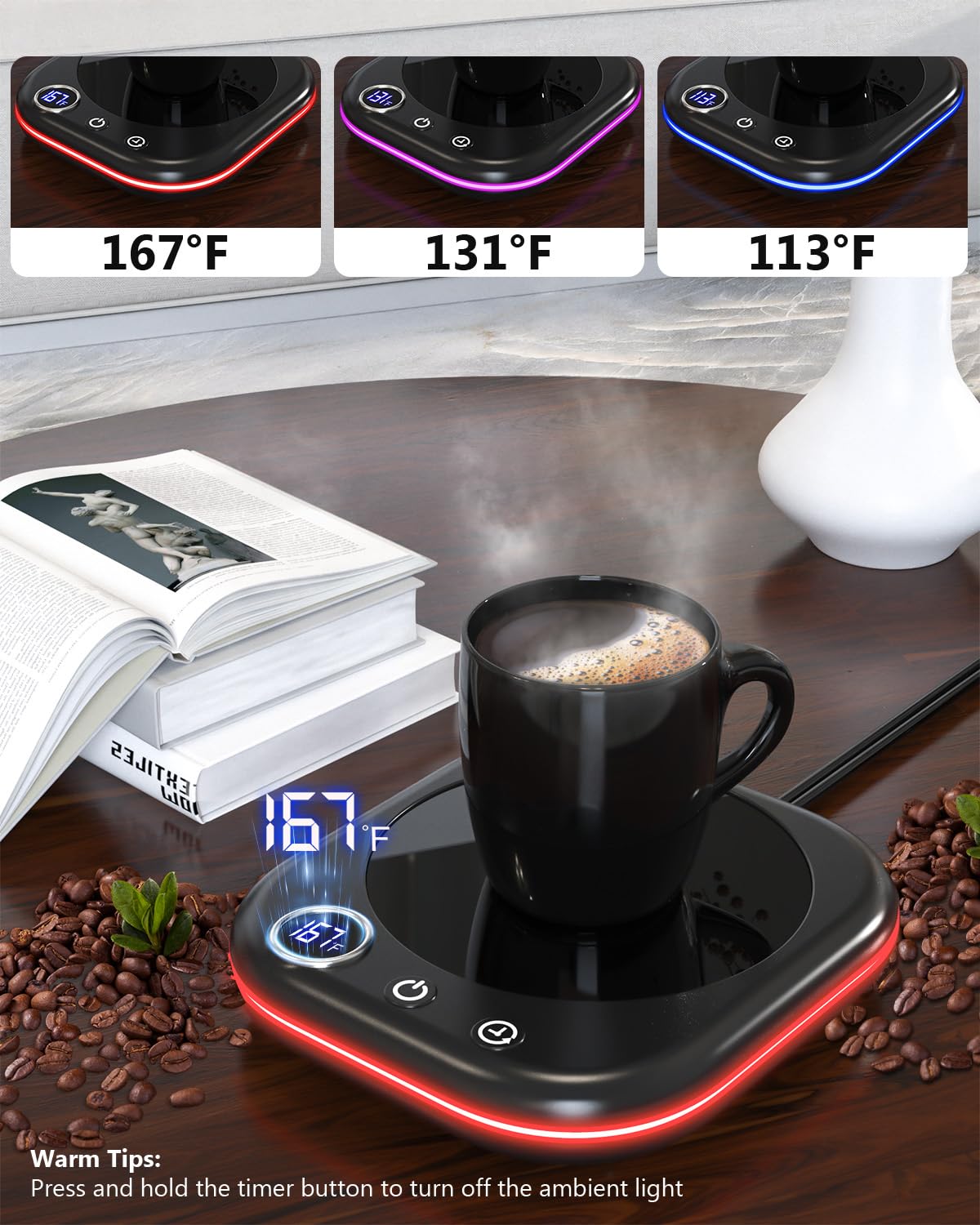 MQUPIN Coffee Warmer, Coffee Cup Warmer for Desk Auto Shut Off, Smart Candle Warmer with Temp Display & 1-12 Hours Timer- 1 Gold Coffee Spoon & 1 Black Insulating Mat Included (Black)
