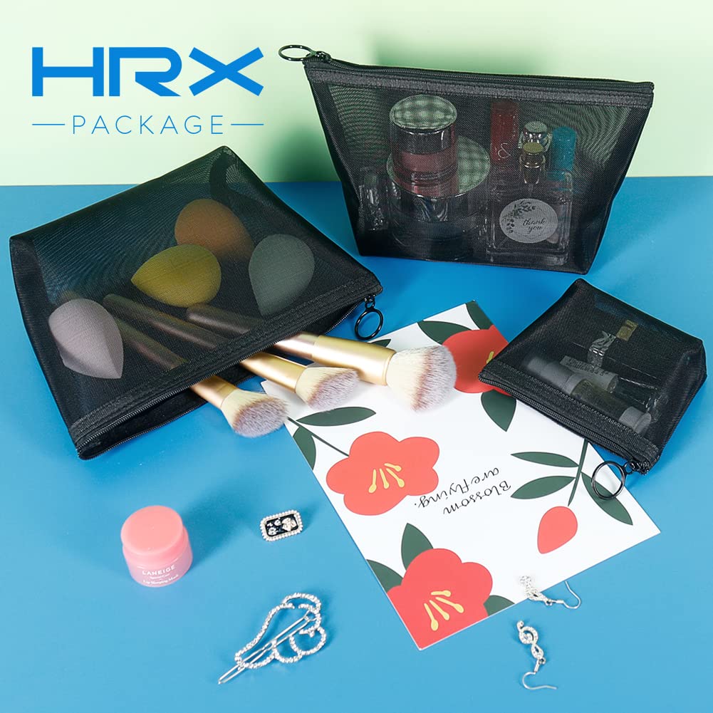 HRX Package Black Mesh Makeup Bag, 4pcs Travel Cosmetic Pouches with Zipper Toiletry Organizer Case for Purse Diaper Bag Tote Bag