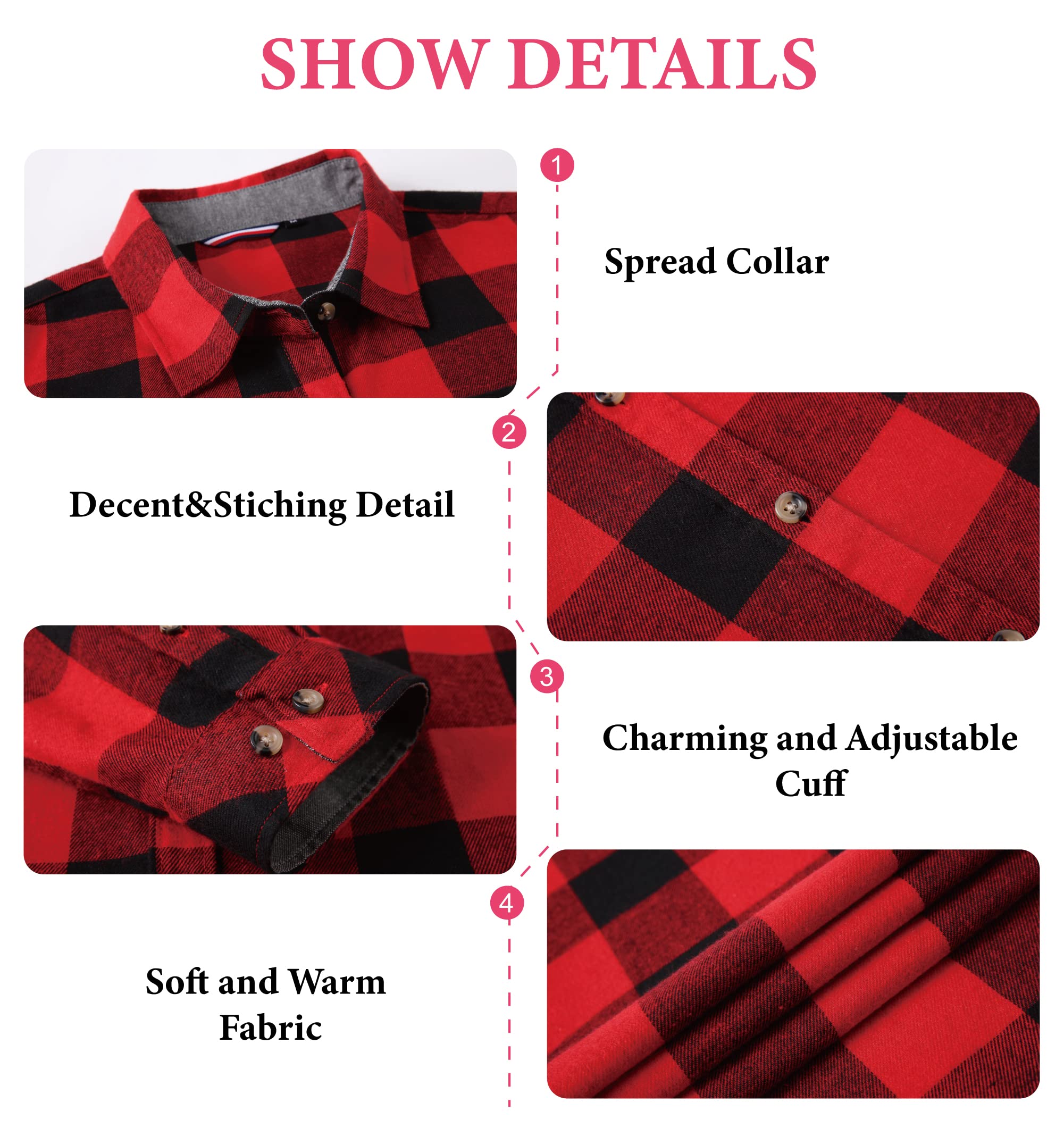 Esabel.C Flannel Shirts for Women Long Sleeve Button Down Plaid Fall Shirt Casual Work Tops,Red/Black,L