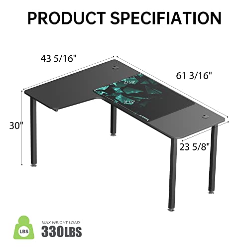EUREKA ERGONOMIC 60 Inch Black Corner L Shaped Computer Desk, Home Office Gaming Study Work Writing Table Long Large Sturdy Workstation Simple Modern with Metal Legs, Left Side