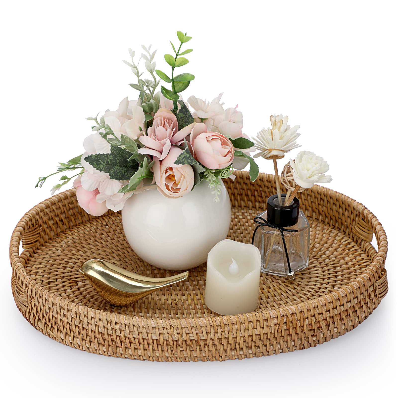 Hipiwe Basket Serving Tray with Handle Handwoven Rattan Wicker Basket Tray Organizer Fruit Bread Food Serving Baskets Home Decor Ottoman Trays or Coffee Table Living Room (Medium, Natural Color)