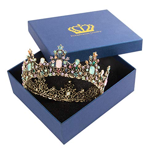 Vintage Baroque Queen Round Crown - Baroque Tiaras and Crown for Women Girl - Princess Crown Accessories for Christmas/Wedding/Prom/Pageant/Costume Birthday Party/Photography (Colorful)