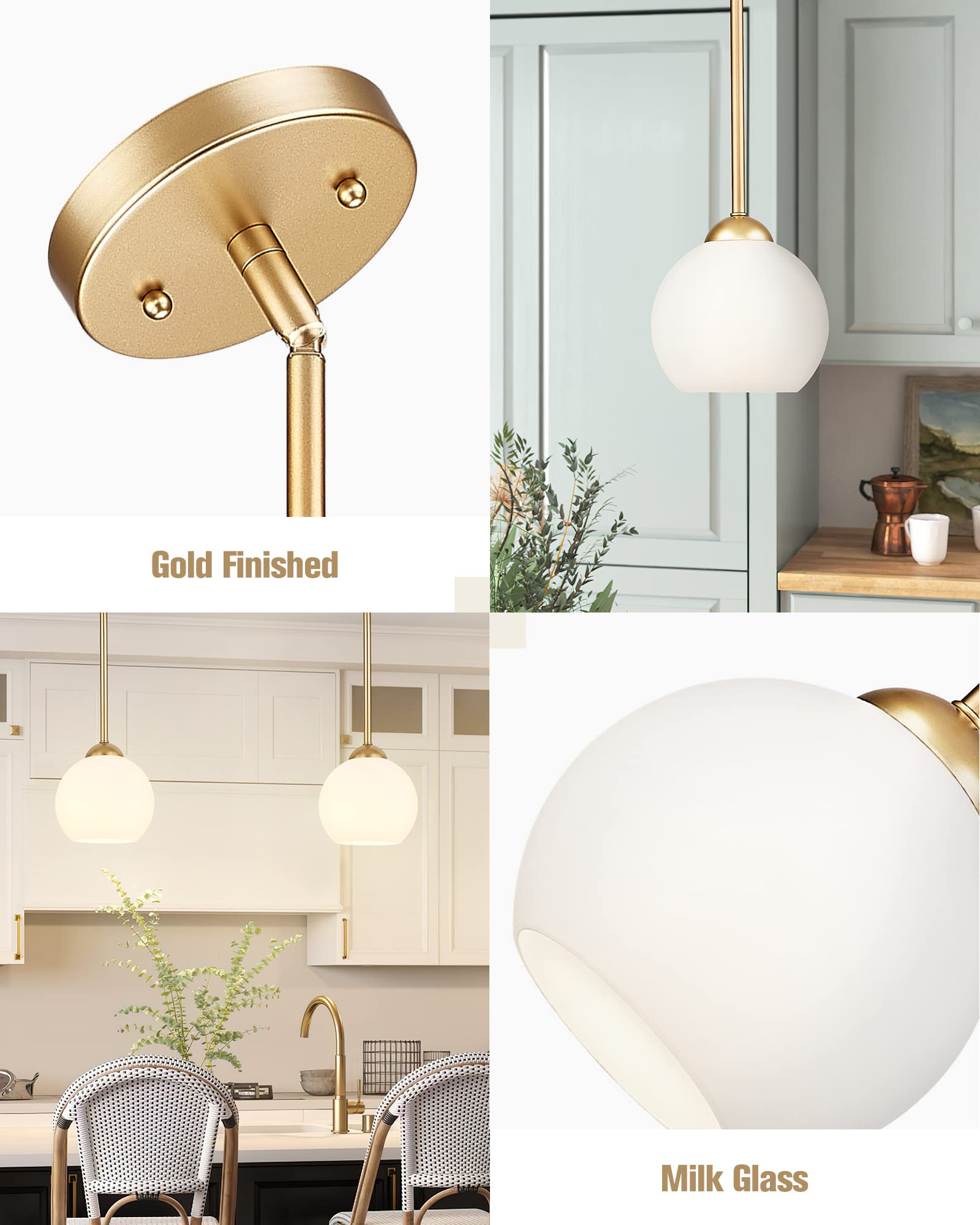 Emak 7 Inch Globe Pendant Lights, Modern Gold Pendant Light Fixtures, 1 Light Hanging Lights with Milk Glass Shade for Kitchen Island, Bathroom, Dining Room, Bedroom, PL119-GD-ML
