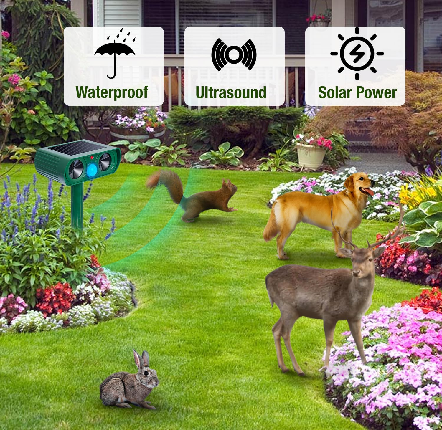 Solar Animal Repeller, 2 Pack Ultrasonic Animal Repeller Outdoor, Animal Deterrent Devices Repel Squirrel, Raccoon, Skunk, Fox, Deer, Waterproof with Motion Detector (Green)