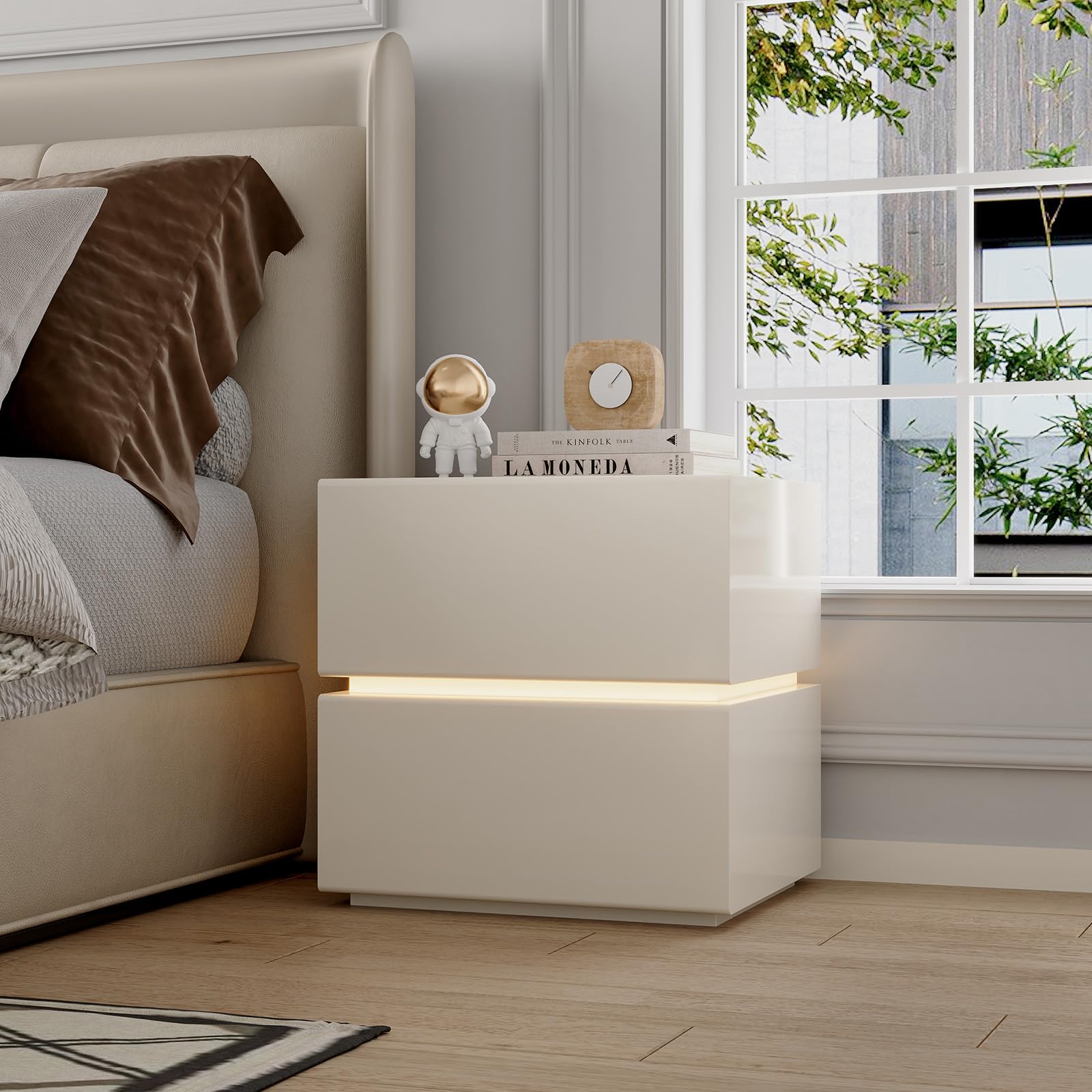 Solarka Nightstand with Lights, Small LED Nightstand Modern Bedside Table with 2 Drawers, Side Table with Leather Surface, No Assembly (Black/White)